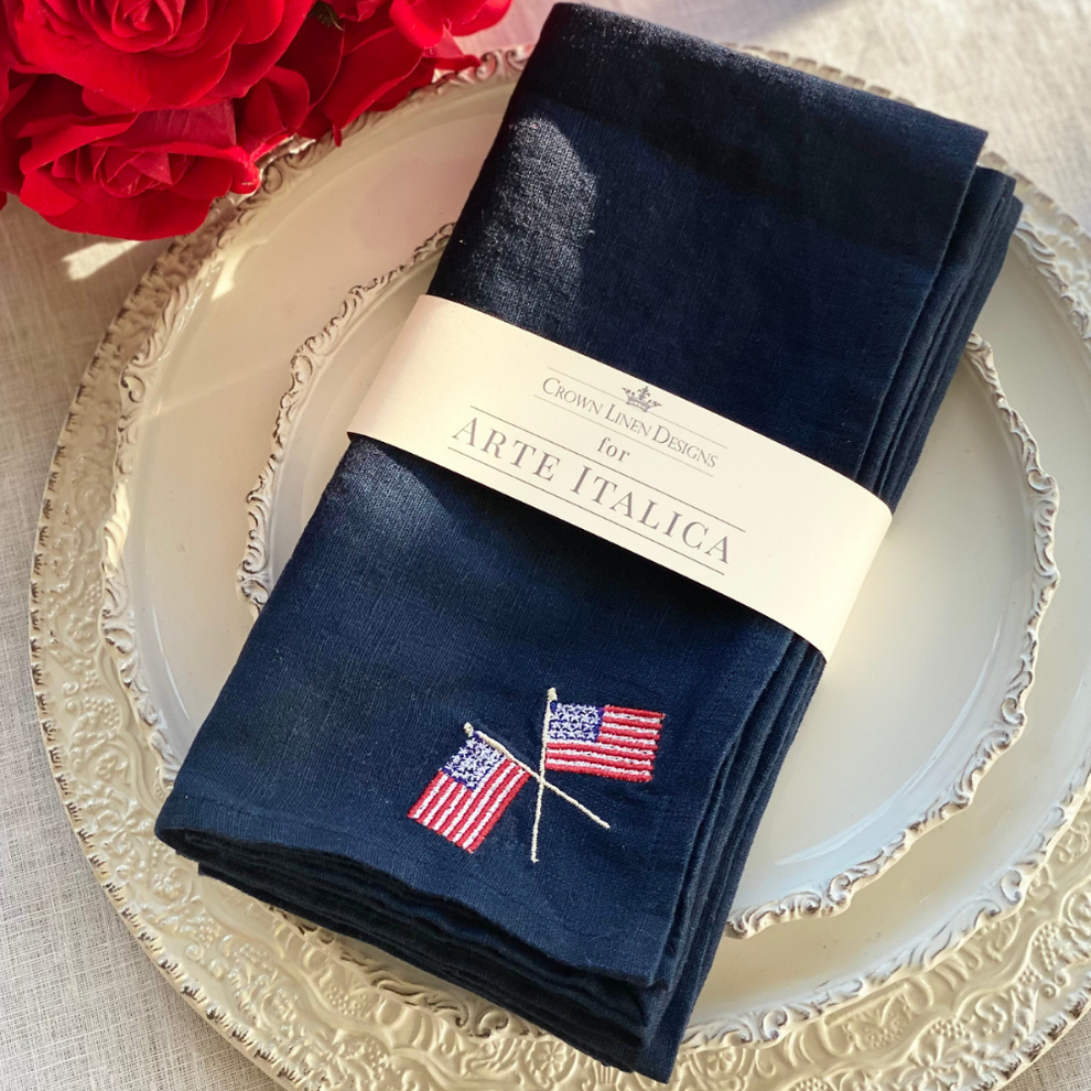 American Flag Embroidered Linen Napkins | Patriotic Napkin Set | Arte ...