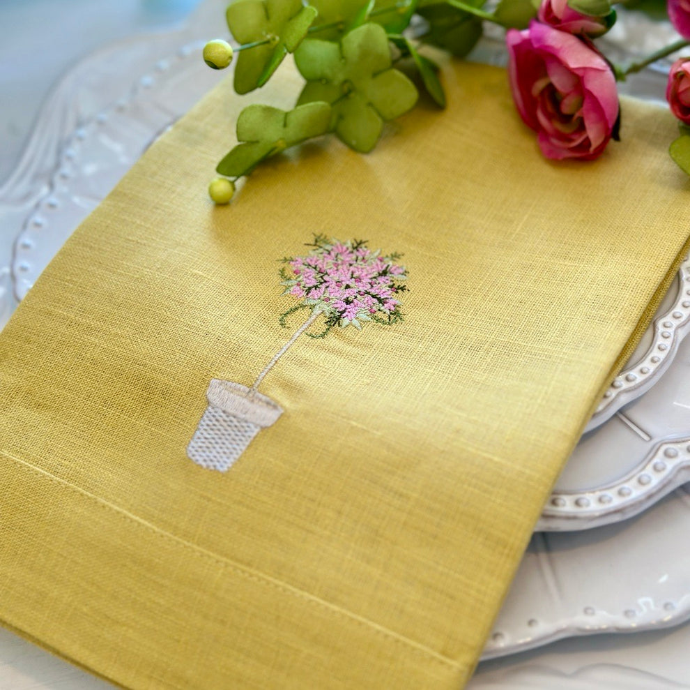 Pink Topiary Embroidered Tri-Fold Napkin | 100% Linen | Arte Italica