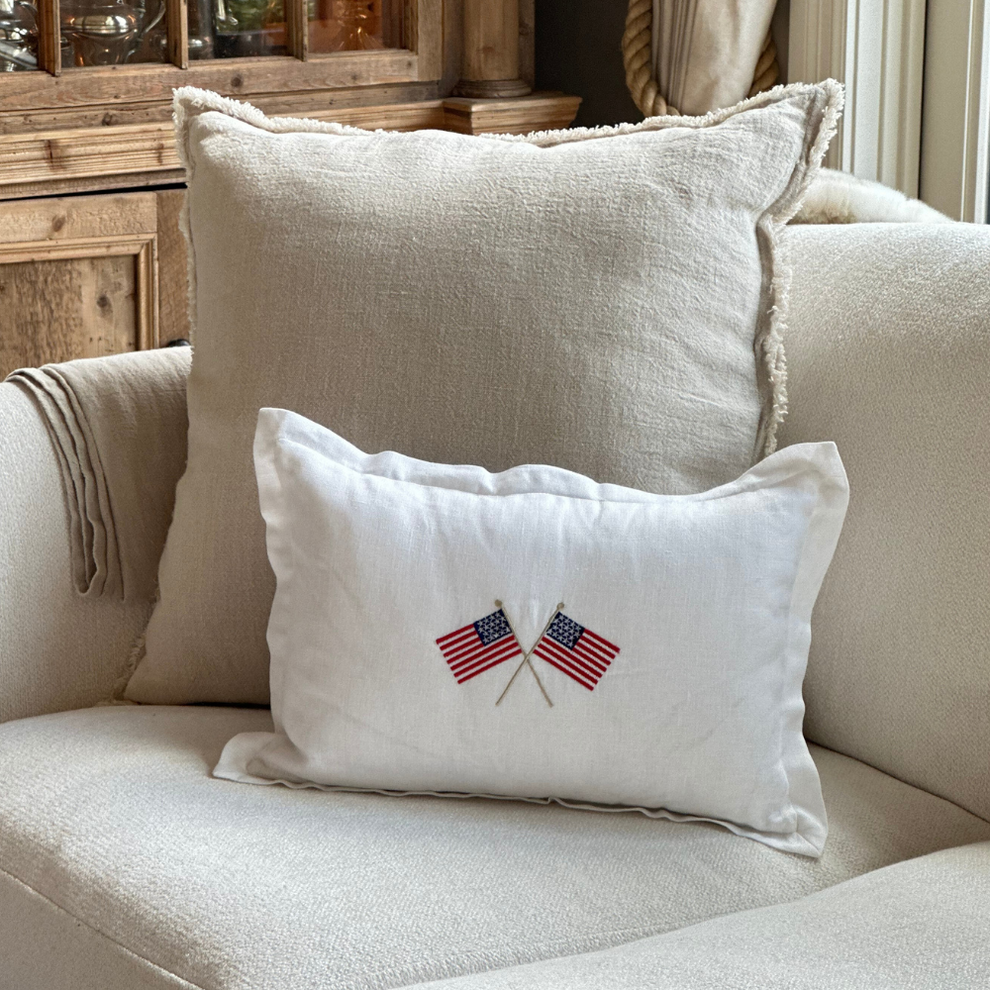 American Flag Embroidered Linen Pillow | Patriotic Decor | Arte Italica