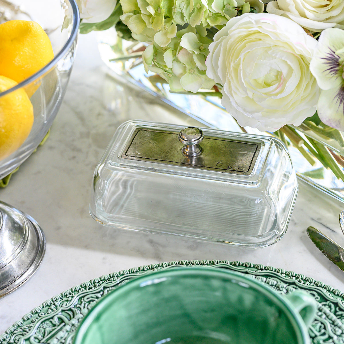 Vintage Glass Covered Butter Dish | Italian Pewter & Glass | Arte Italica