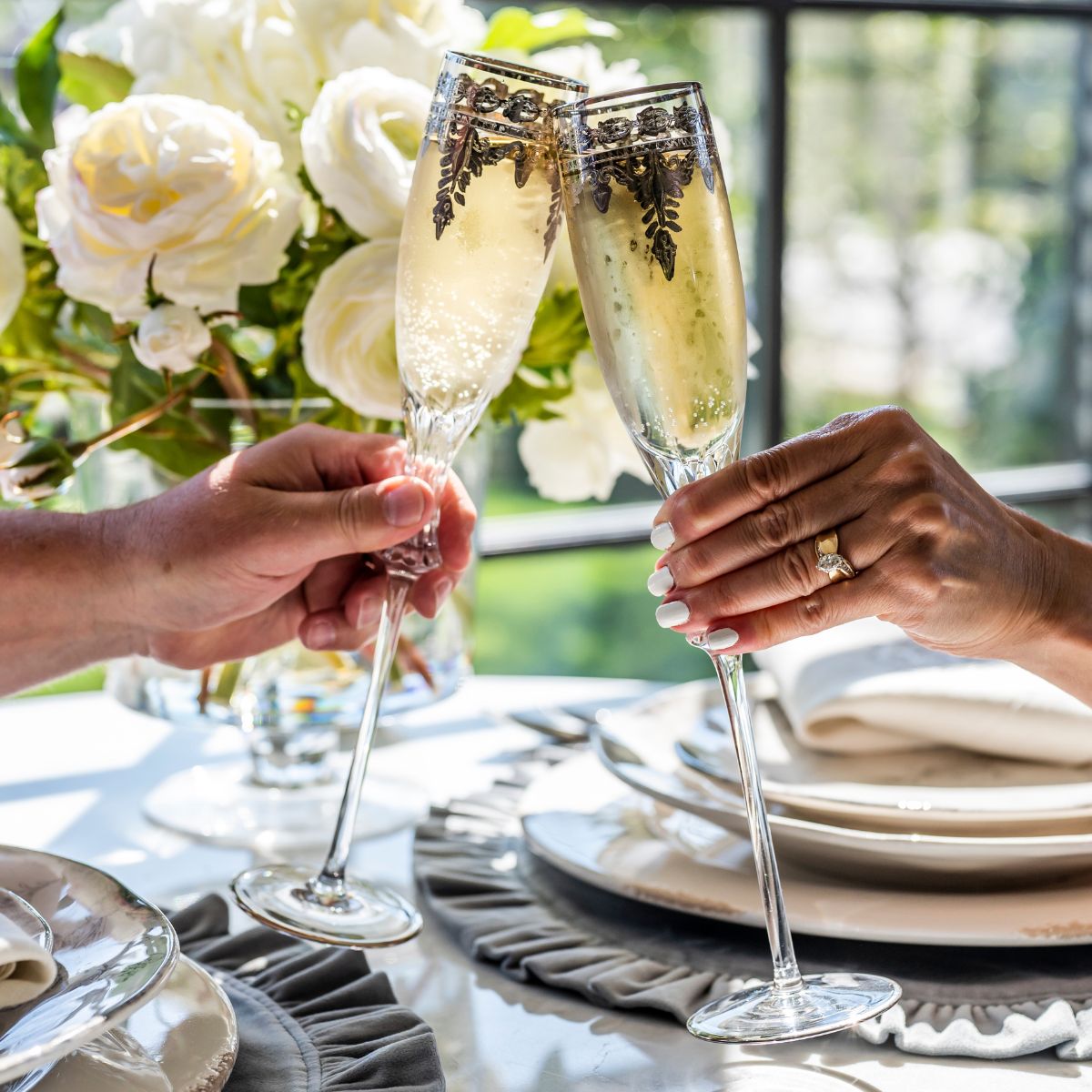 Vetro Platinum Wedding Flute Set | Hand-Etched Italian Glass | Arte Italica