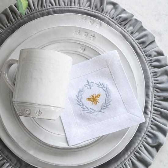 Italian Bee Embroidered Linen Cocktail Napkin Set of 4 | Arte Italica